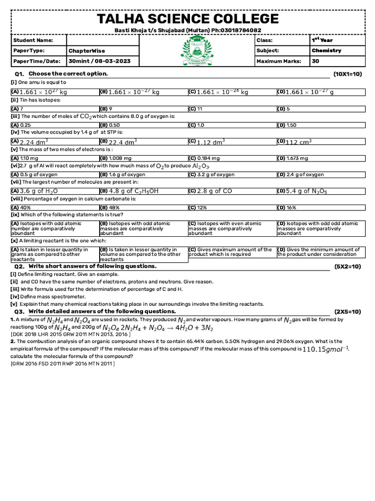 1st Year Chemistry Chapter 1 | PDF | Isotope | Chemical Compounds