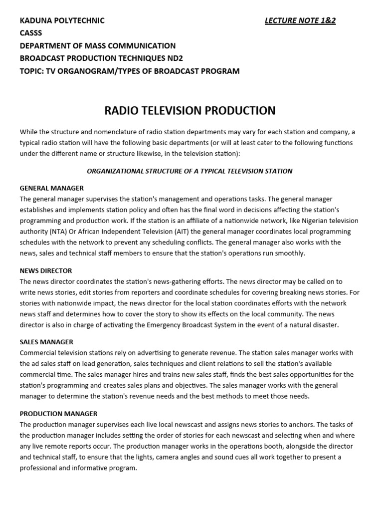 Broadcast Production Lecture Note 1-2 | PDF | News | Broadcasting