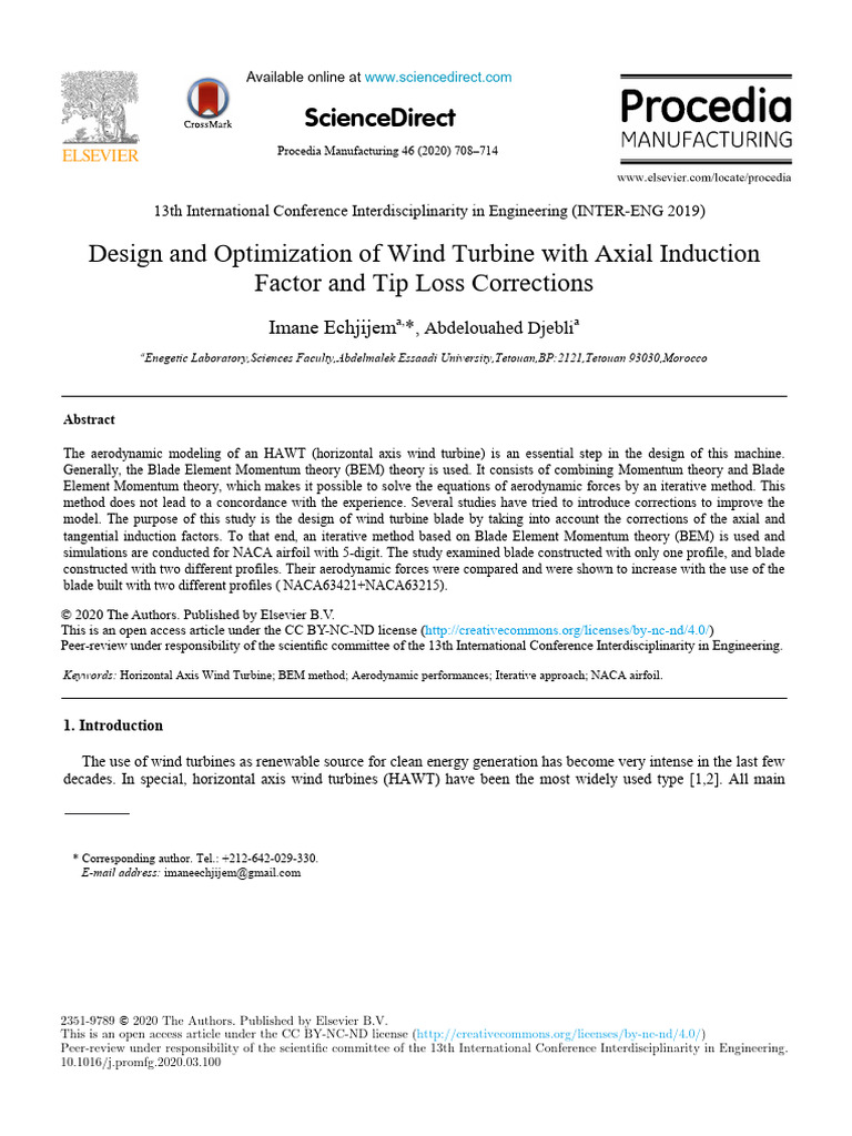 Design and Optimization of Wind Turbine With Axial Induction Factor and ...