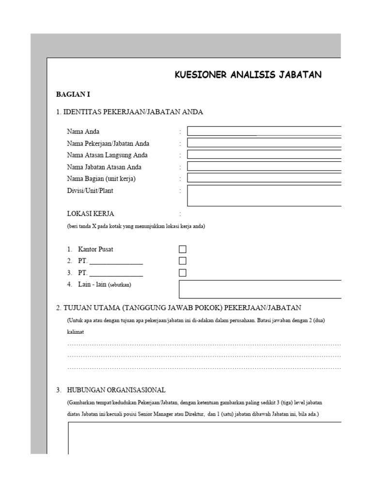 Kuesioner Analisis Jabatan Pekerjaan | PDF | Karier & Perkembangan