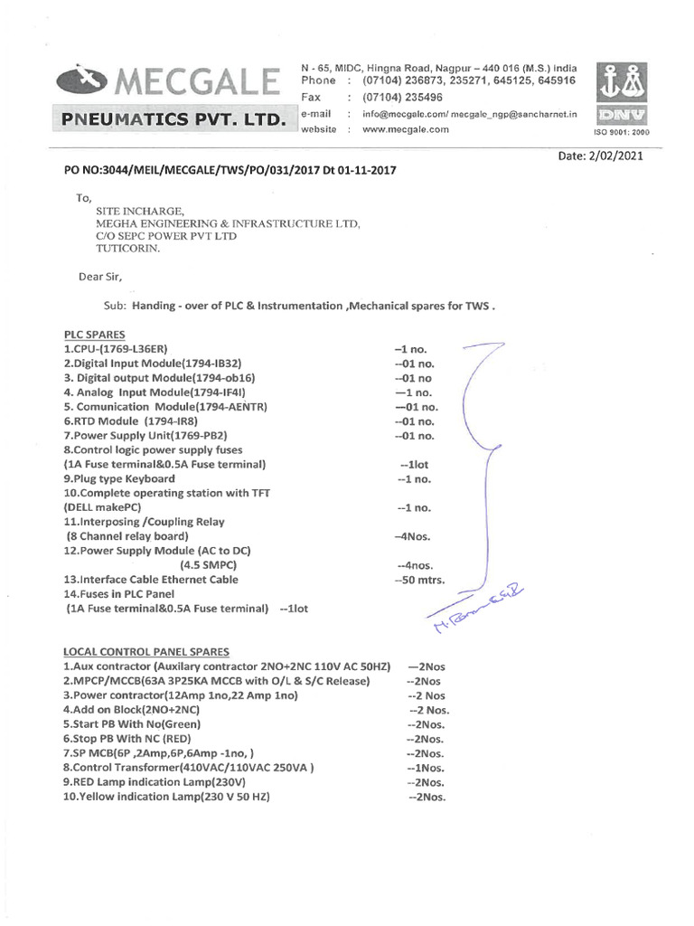 TWS Mandatory Spares - RECEIVED | PDF