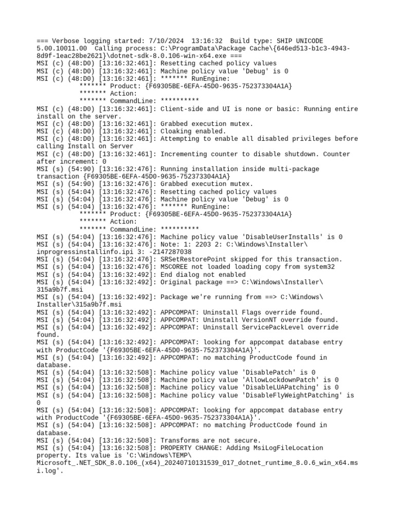 Microsoft .NET SDK 8.0.106 (x64) 20240710131539 017 Dotnet Runtime 8.0. ...