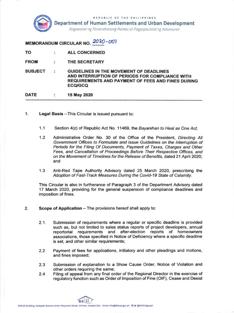 Memorandum Circular No.2020-001 - Movement of Deadlines During ECQ GCQ ...