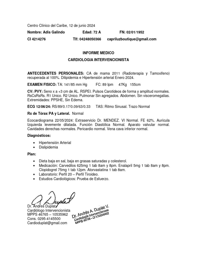 Informe Médico Cardiológico de Adis Galindo | PDF