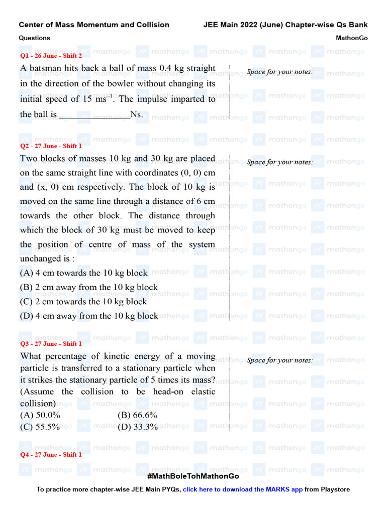 Center of Mass Momentum and Collision - JEE Main 2022 Chapter Wise ...