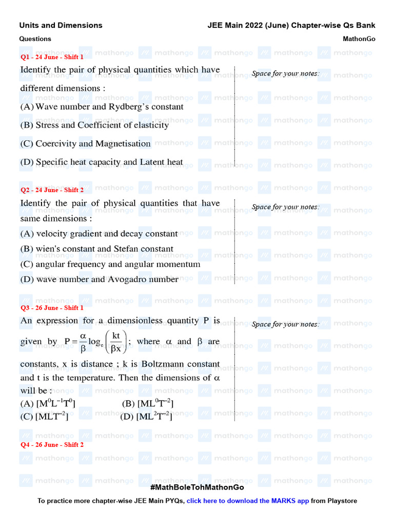 Units and Dimensions - JEE Main 2022 Chapter Wise Questions by MathonGo | PDF