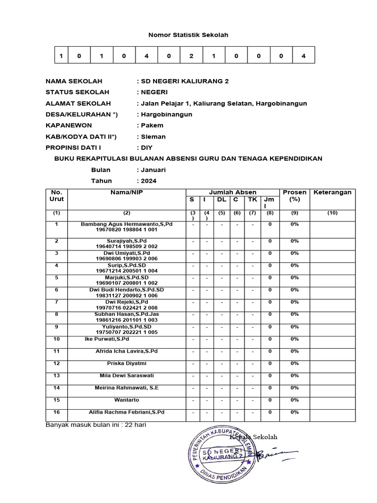 Rekap Absensi Guru SDN Kaliurang 2 | PDF