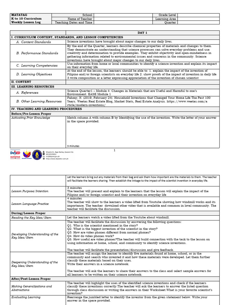 Lesson Exemplar-TEMPLATE | PDF | Learning | Science