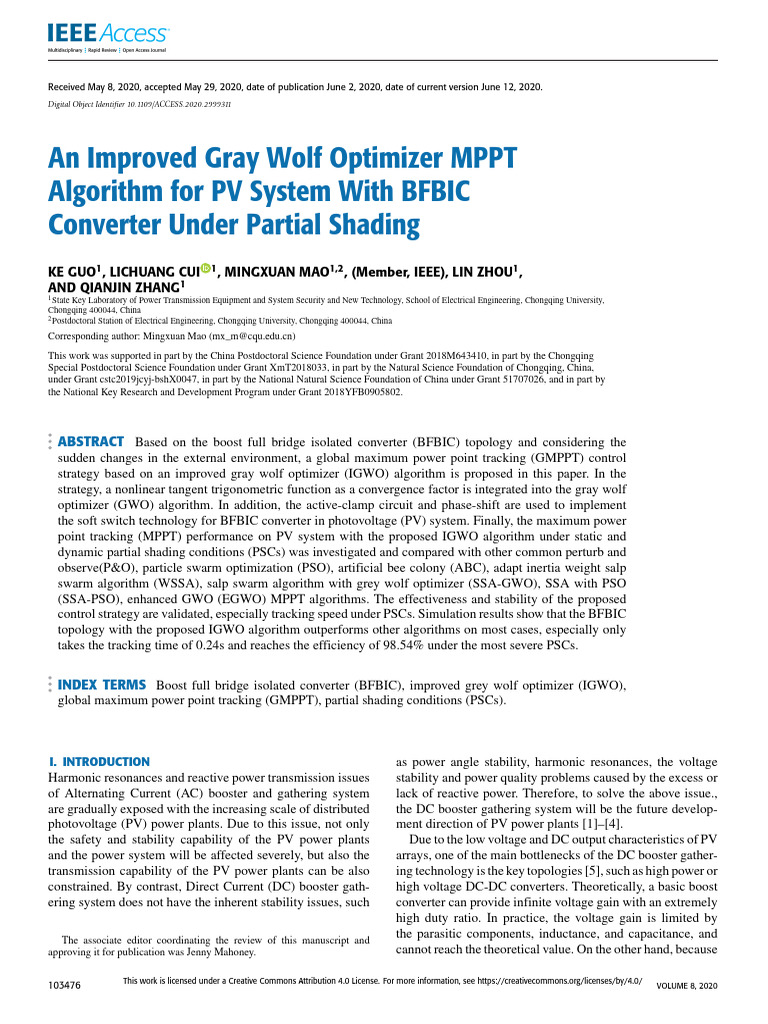 An Improved Gray Wolf Optimizer MPPT Algorithm for PV System With BFBIC Converter Under Partial ...