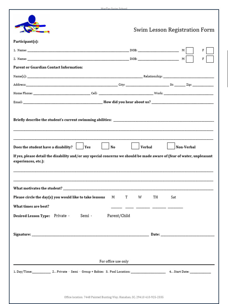 MarTar Swim School Registration Form | PDF | Behavioural Sciences ...
