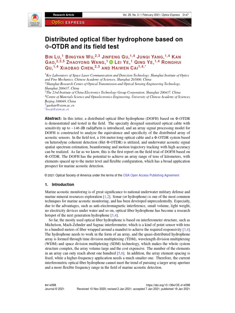 2021 Distributed optical fiber hydrophone based on Φ-OTDR and its field ... 2021 Distributed optical fiber hydrophone based on Φ-OTDR and its field ...