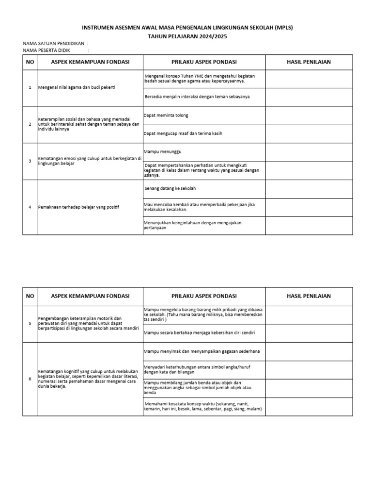 Instrumen Asesmen Awal Mpls-2 | PDF | Karier & Perkembangan