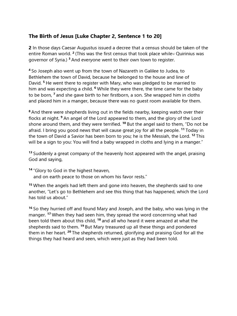 Birth of Jesus: Luke 2:1-20 Summary | PDF | History | Religion ...