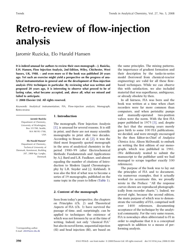 Retro Review Of Flow Injection Analysis Jaromir Ruzicka Elo Harald Hansen Pdf Physical