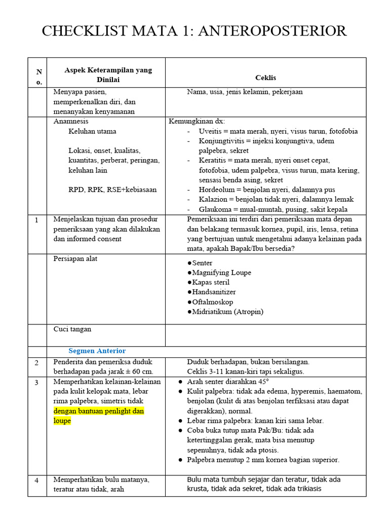 Checklist Pemeriksaan Mata Anterior dan TIO | PDF | Kesehatan Holistik