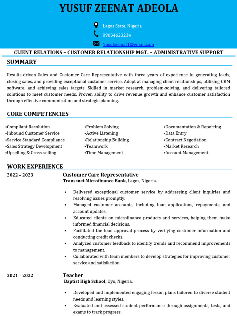 Yusuf Zeenat Adeola CV. | PDF | Customer Relationship Management | Business