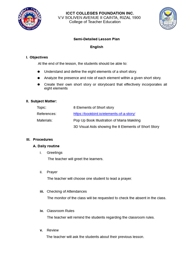 Lesson Plan: 8 Elements of Short Stories | PDF | Teachers | Rubric ...