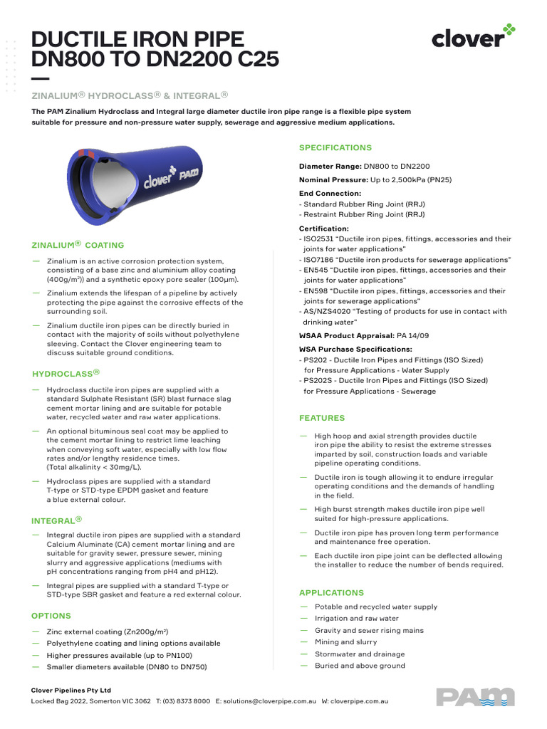 Data Sheet Ductile Iron Pipe Dn800 Dn2000 Final | PDF | Pipe (Fluid ...