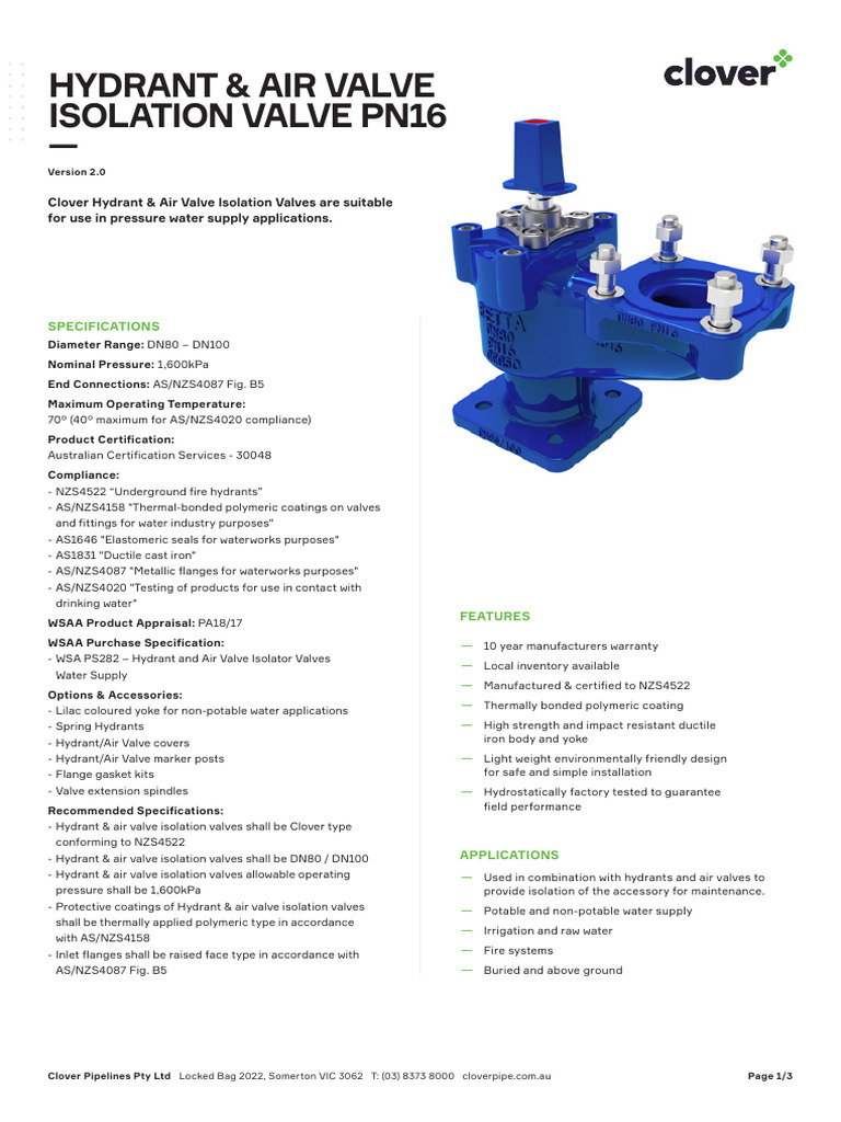 Data Sheet Hydrant Air Isolation Valve v1 2 | PDF | Valve | Steel