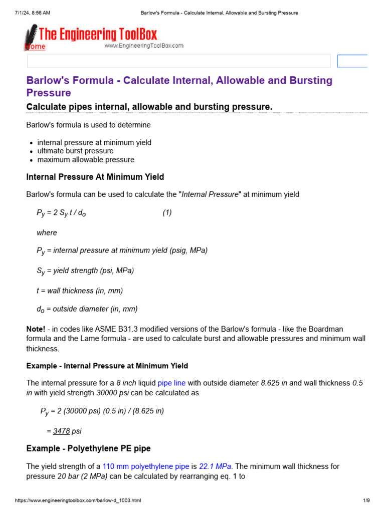 Barlow's Formula - Calculate Internal, Allowable and Bursting Pressure | PDF | Strength Of ...