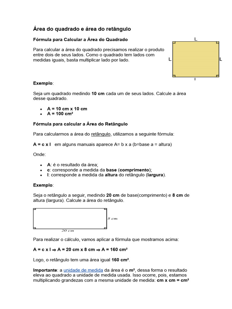 Cálculo da Área: Quadrado e Retângulo | PDF | Métodos e Materiais de Ensino