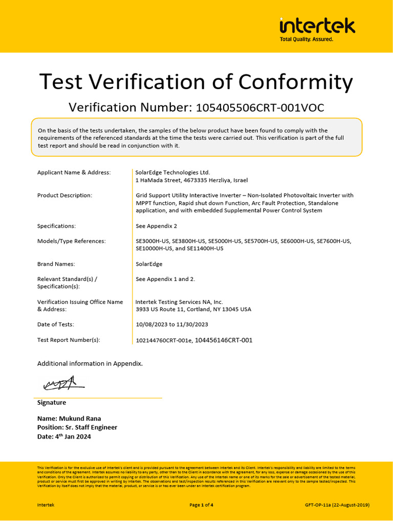 Se Solaredge Pcs Bus Bar Current Management Verification Certificate Nam | PDF | Power Inverter ...