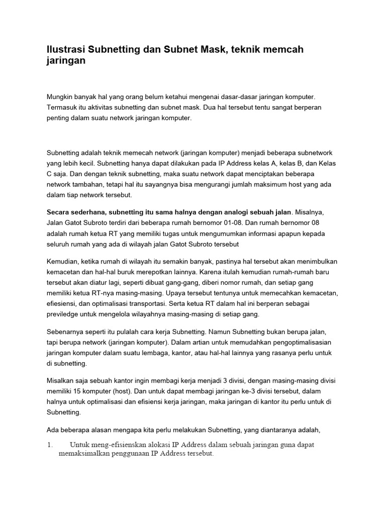 Ilustrasi Subnetting dan Subnet Mask | PDF