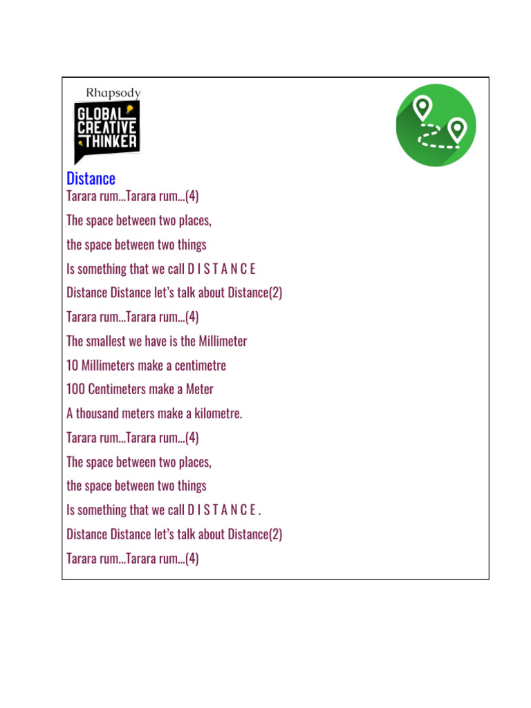 3 Distance (Lyrics) | PDF | Teaching Methods & Materials