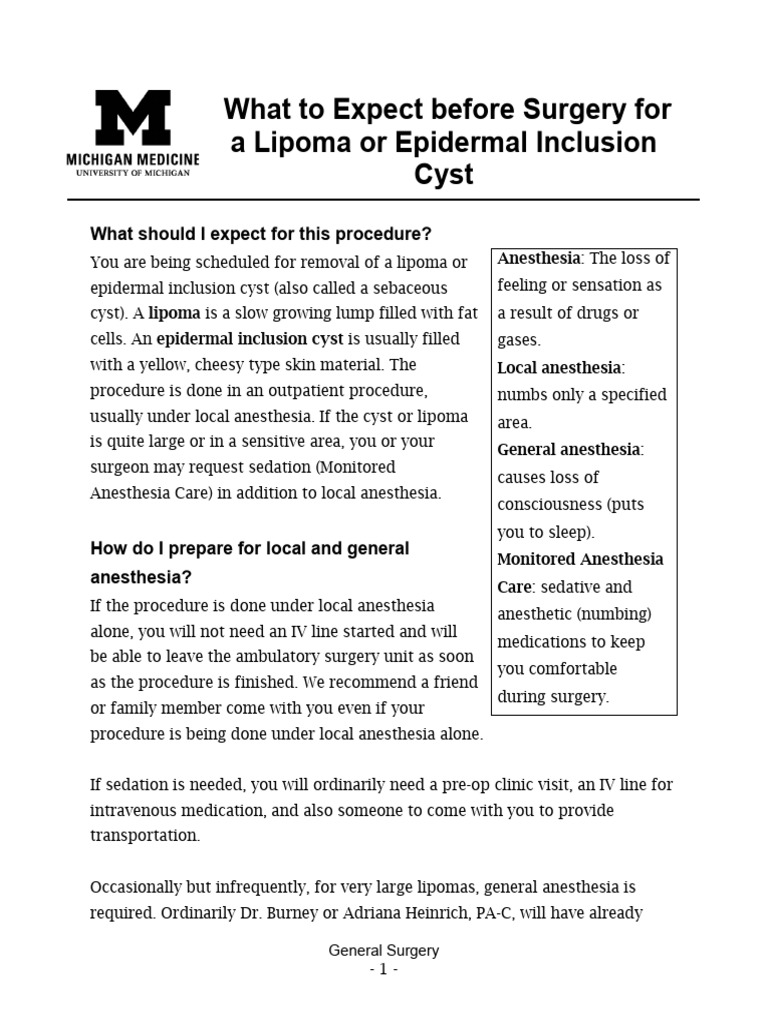 Preparing for Lipoma or Cyst Surgery | PDF | Anesthesia | Surgery