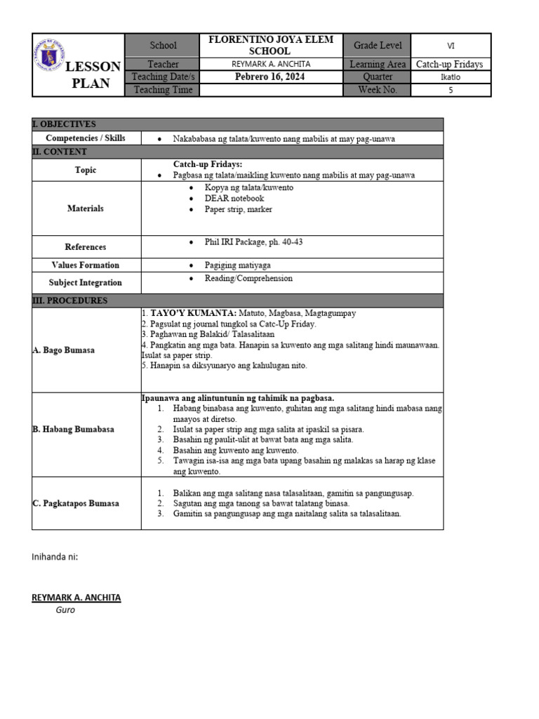 DLL Fil6 Feb 16 Catch-Up-Remedial | PDF