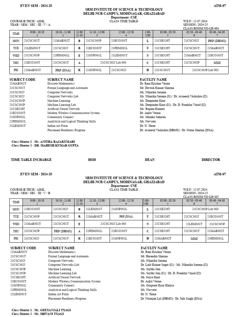 3rd Year 5th Sem Class Time Table | PDF | Databases | Computing