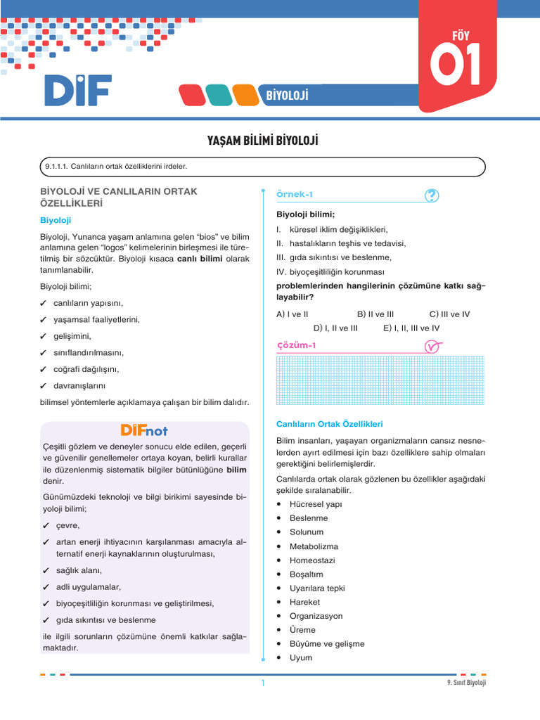 9.Sınıf BİYOLOJİ - DİF - FÖY 1_Ornek | PDF
