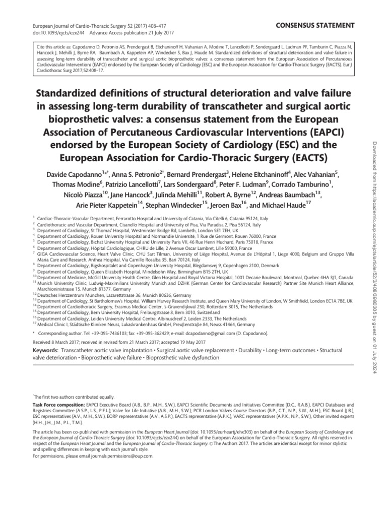Standardized Definitions of Structural Deterioration and Valve Failure in Assessing Long-Term ...