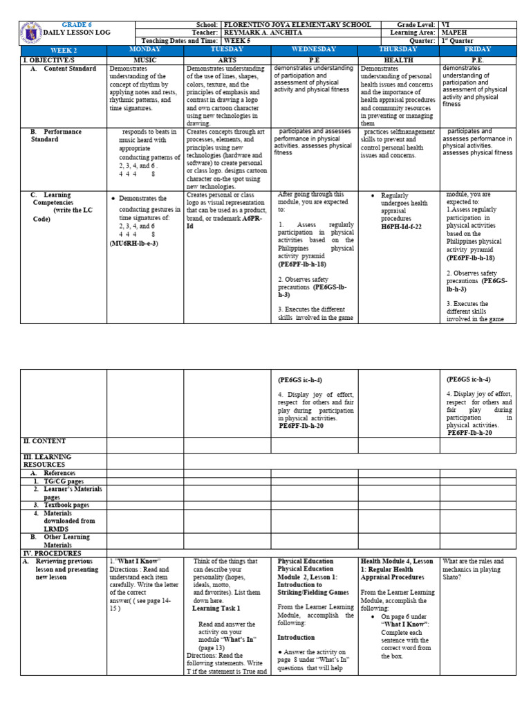 DLL - Mapeh 6 - Q1 - W5 | PDF | Learning | Conducting