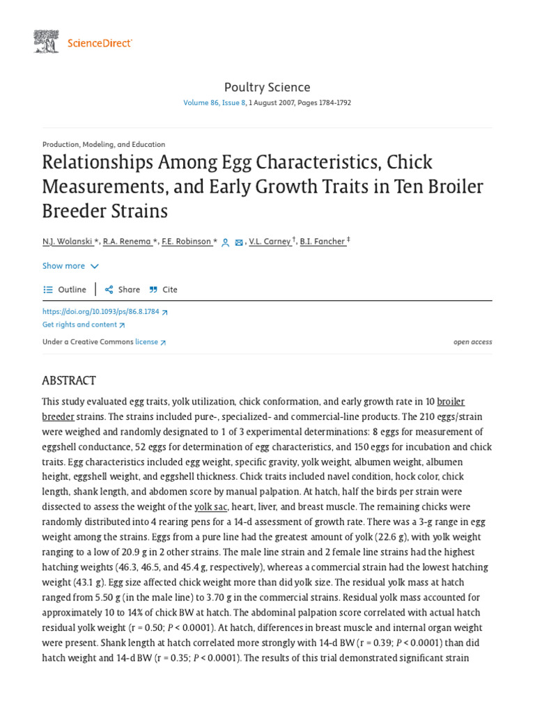 Relationships Among Egg Characteristics, Chick Measurements, and Early ...