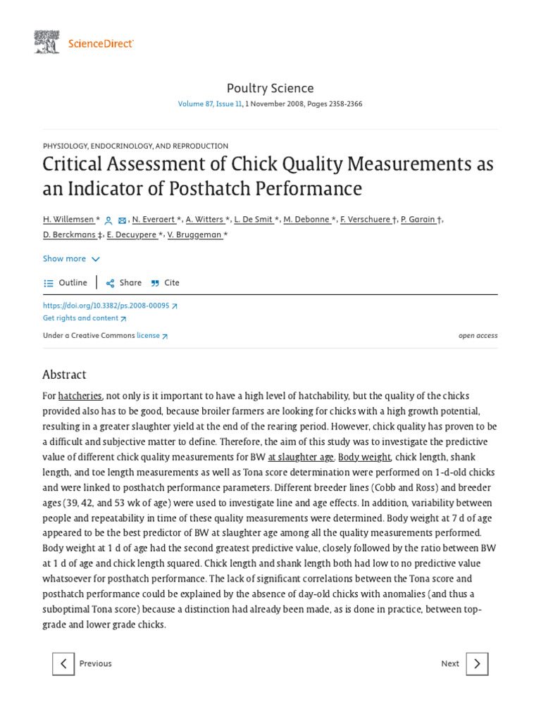 Critical Assessment of Chick Quality Measurements As An Indicator of ...