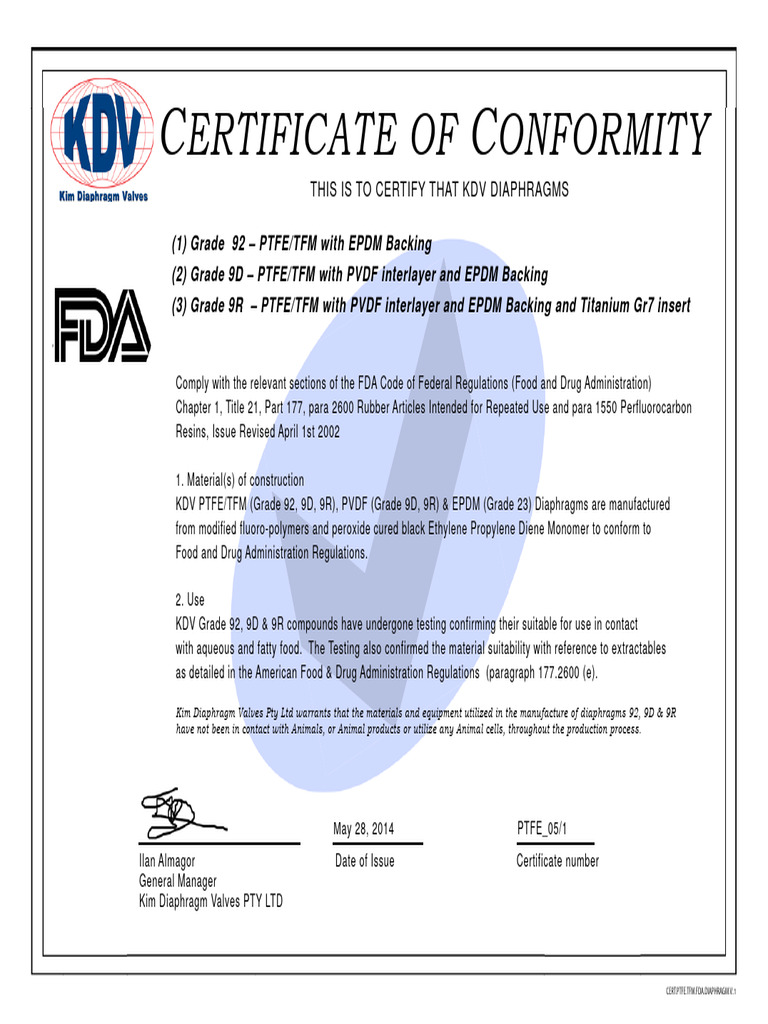 Cert - Ptfe .TFM .Fda .Diaphragm.v..1 | PDF