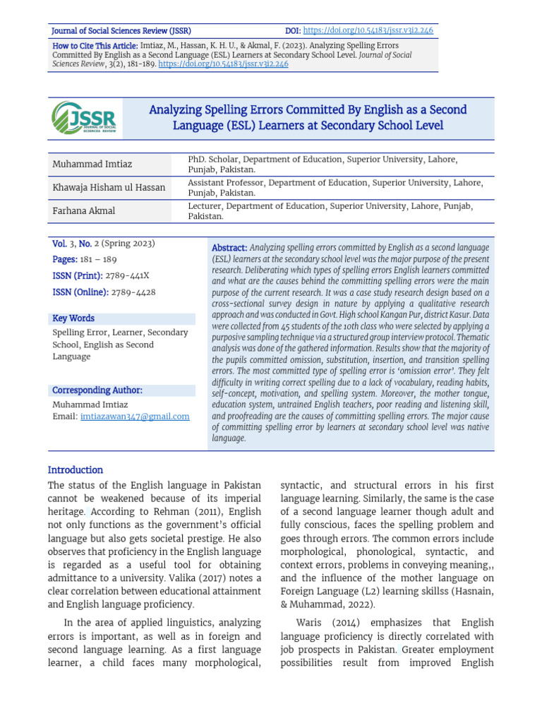 ESL Learners' Spelling Errors Analysis | PDF | English As A Second Or ...