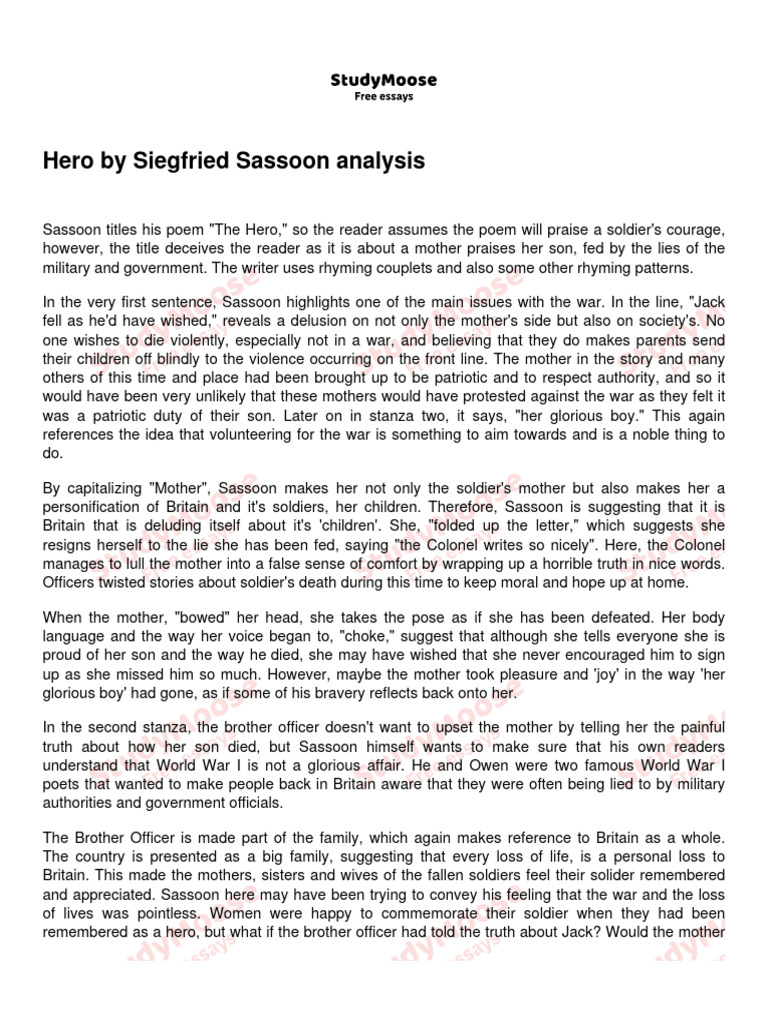 Hero by Siegfried Sassoon Analysis | PDF