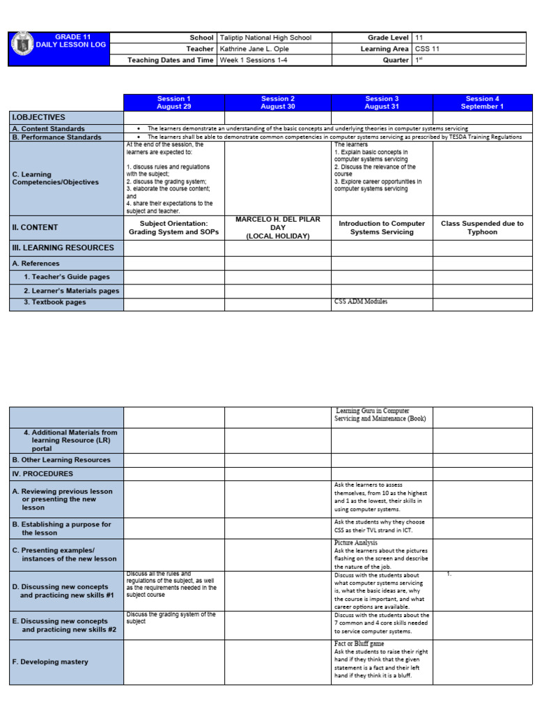 Daily Lesson Log WEEK1 Css Tnhs | PDF | Learning | Educational Technology