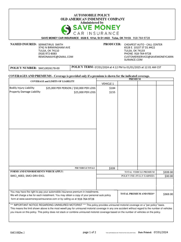 Old American Auto Insurance Policy Details | PDF | Vehicle Insurance ...