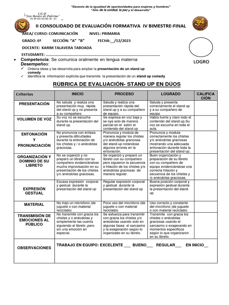 Rubrica Stand Up Comedy-1 | PDF | Evaluación