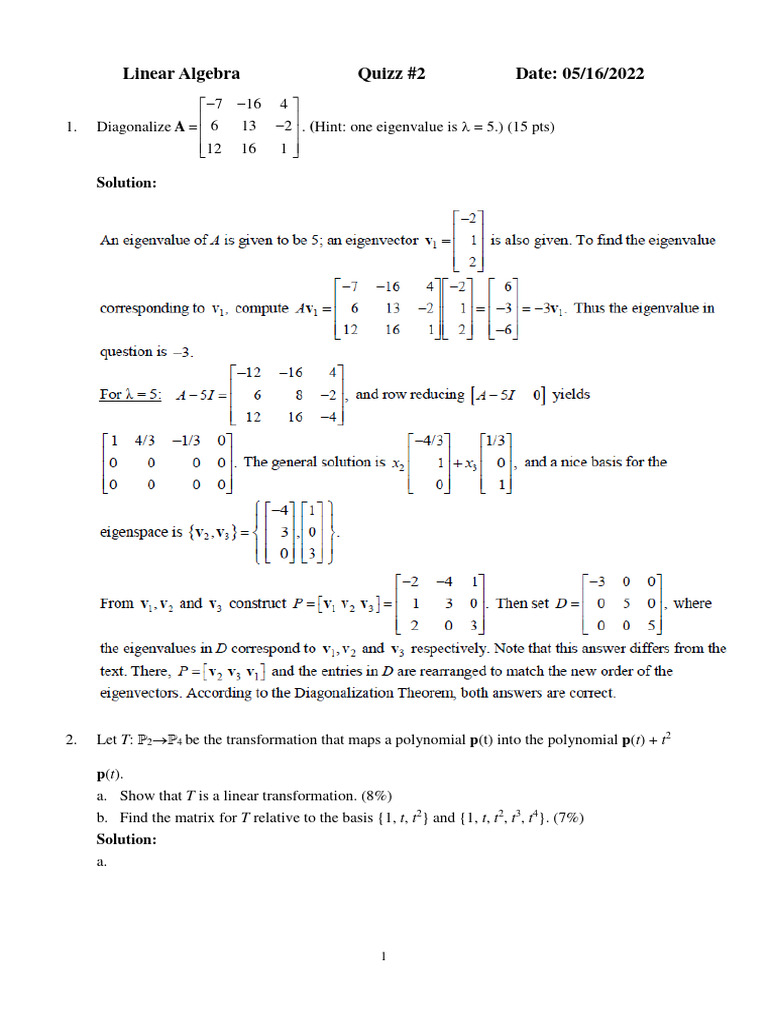 Quizz2 2022 Solution | PDF | Eigenvalues And Eigenvectors | Functional Analysis