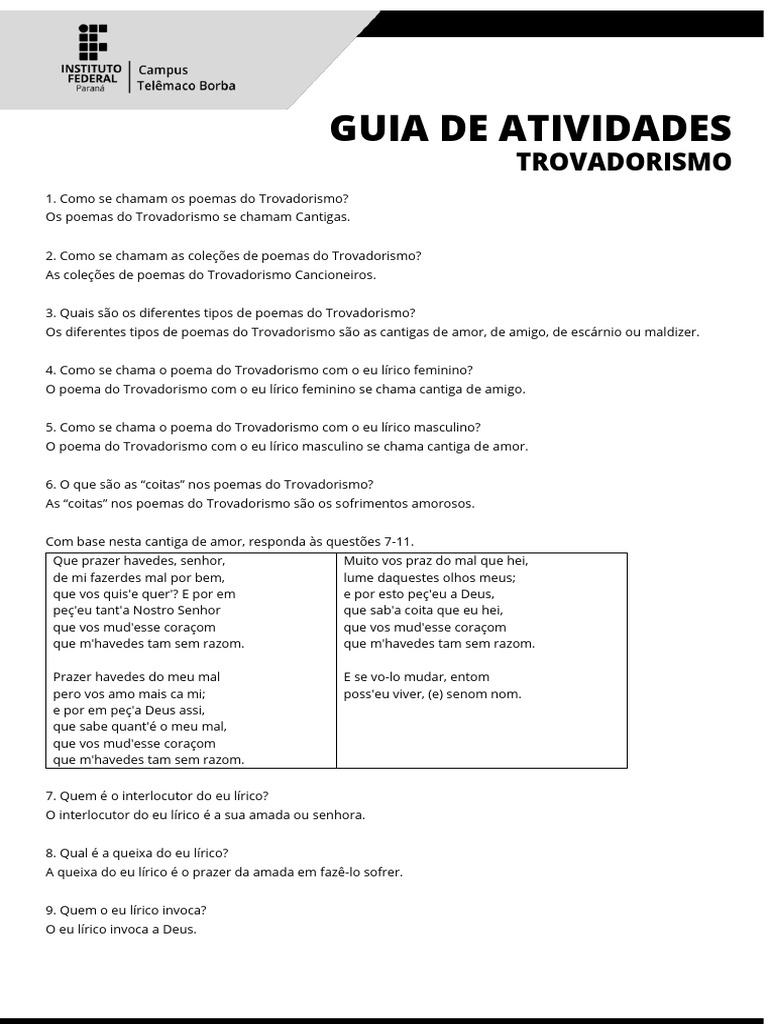 Atividades sobre Trovadorismo | PDF