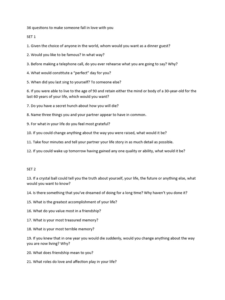 36 Questions To Make Someone Fall in Love With You | PDF | Social ...
