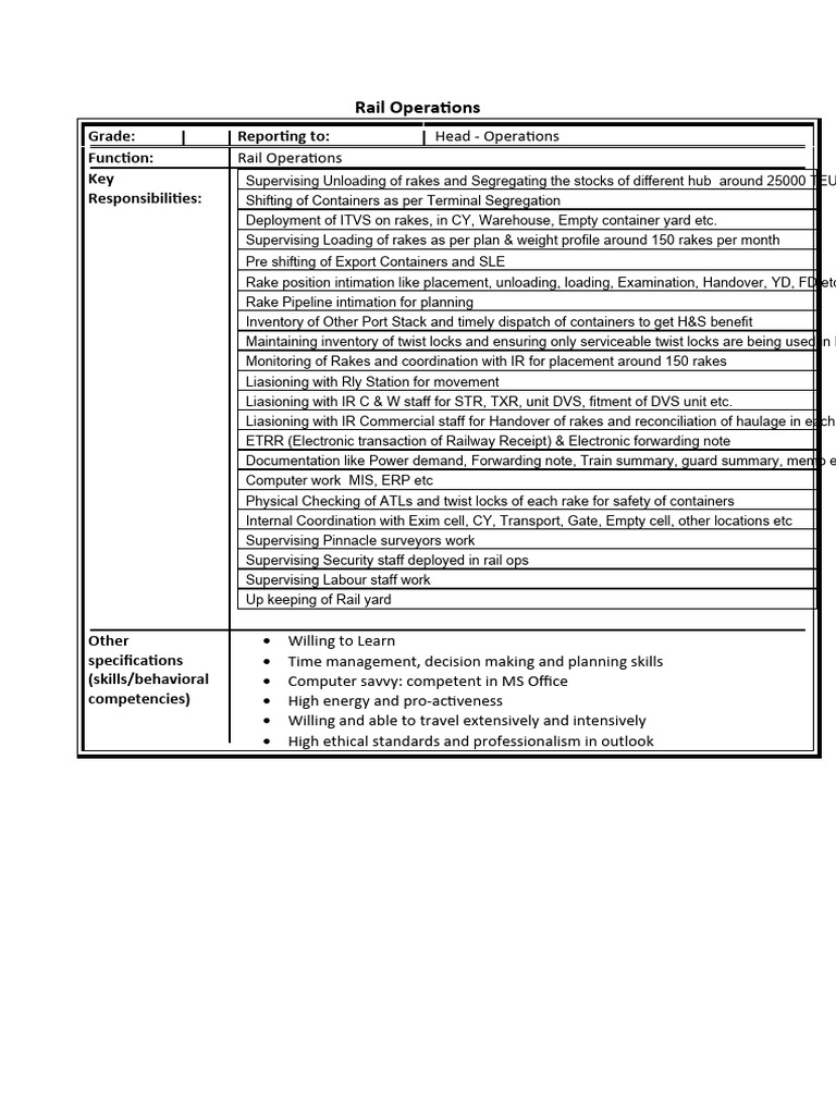 JD - Trainee - Operations | PDF | Rail Transport | Transport