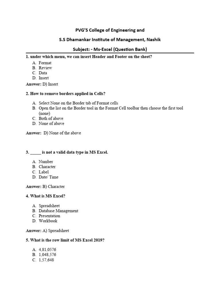 Ms Excel (Question Bank) | Download Free PDF | Microsoft Excel ...