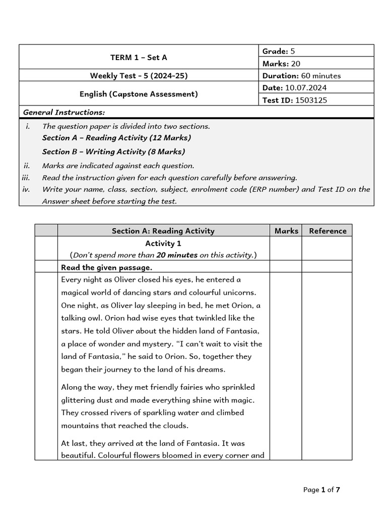 WT5 - T1 - Grade 5 - English - CA - AS - Set A | PDF | Grammatical Number | Noun