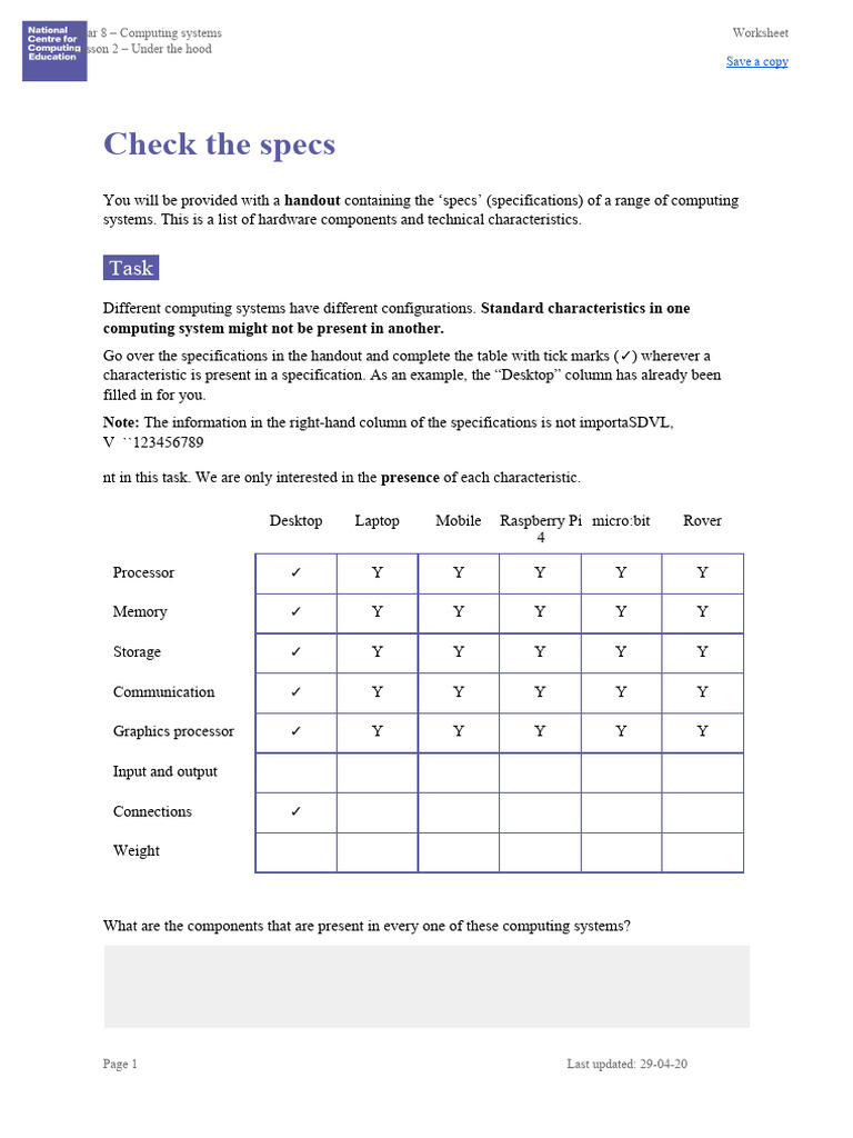Worksheet - Specifications | PDF | Desktop Computer | Personal Computers