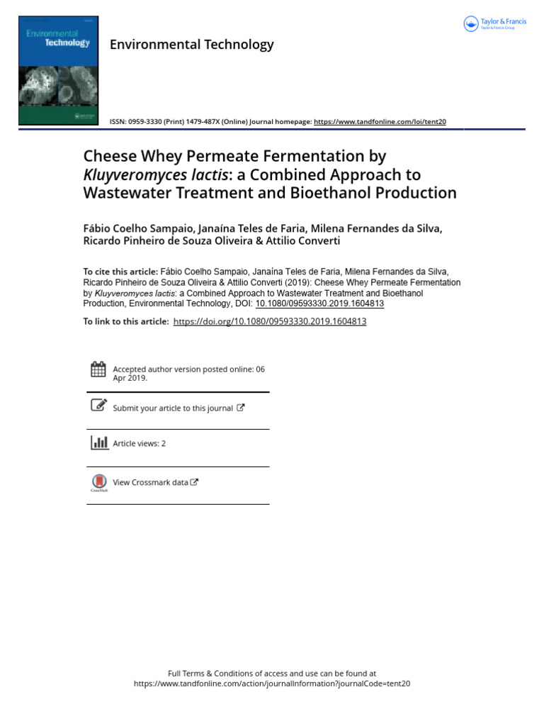Cheese Whey Permeate Fermentation by lactis bioethanol production | PDF ...